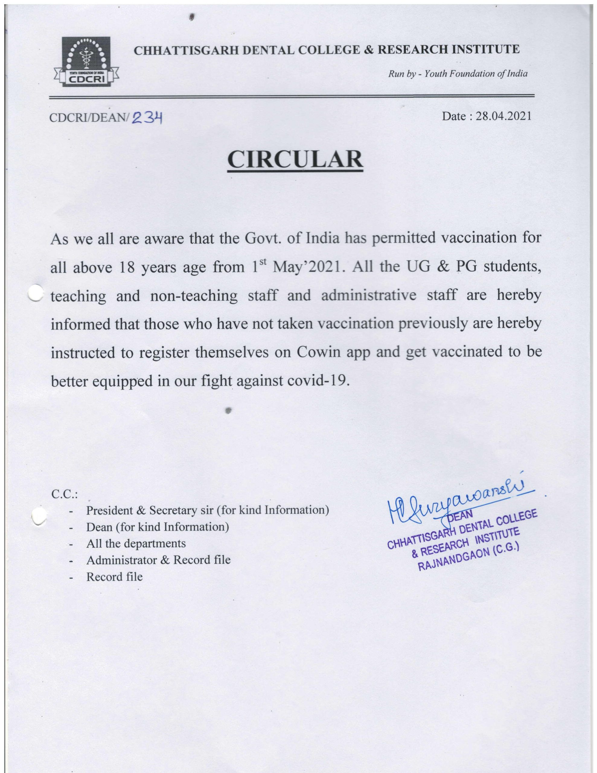 CIRCULAR – Date – 28/04/2021 - CDCRI